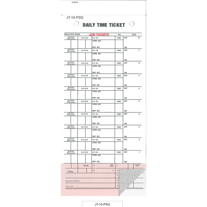 JT-10-PSG Job and Time Tickets (Pack of 1000's $145.00) — Time Clocks Inc